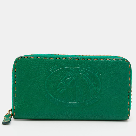 Fendi | Bags | Fendi Green Leather Stitch Detail Zip Around Wallet ...